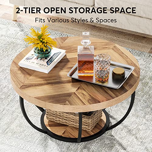 Tribesigns 31.7" Round Coffee Table, Industrial 2-Tier Circle Coffee Table with Storage Shelves, Modern Wooden Accent Center Table Sofa Side Table for Living Room, Home Office, Wooden Grain