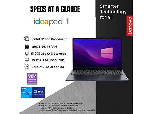 LENOVO 2022 IdeaPad 1 15.6" FHD Laptop, Intel Pentium Silver N6000 Processor, 12GB RAM, 512GB PCIe SSD, 720P HD Webcam, Dolby Audio, 1 Year Office, Blue, Win 11, 32GB Snowbell USB Card