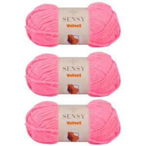 3 skeins of sensy velvet yarn for crocheting, baby blanket yarn, chenille yarn, amigurumi yarn, 3.5 oz, 132 yards, gauge 5 bulky (neon sugar pink)