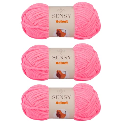 3 Skeins of Sensy Velvet Yarn for Crocheting, Baby Blanket Yarn, Chenille Yarn, Amigurumi Yarn, 3.5 oz, 132 Yards, Gauge 5 Bulky (Neon Sugar Pink)