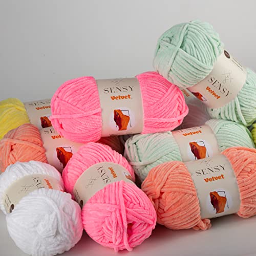 3 Skeins of Sensy Velvet Yarn for Crocheting, Baby Blanket Yarn, Chenille Yarn, Amigurumi Yarn, 3.5 oz, 132 Yards, Gauge 5 Bulky (Neon Sugar Pink)