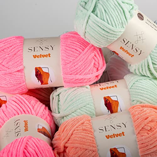 3 Skeins of Sensy Velvet Yarn for Crocheting, Baby Blanket Yarn, Chenille Yarn, Amigurumi Yarn, 3.5 oz, 132 Yards, Gauge 5 Bulky (Neon Sugar Pink)