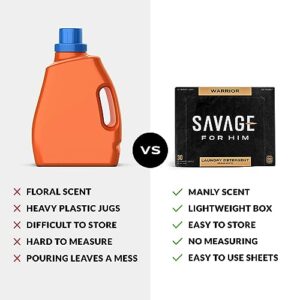 Savage for Him Laundry Detergent Sheets - No Plastic Jug, Compact & Travel-Friendly, Warrior Scent - 30 Sheets (60 Loads)