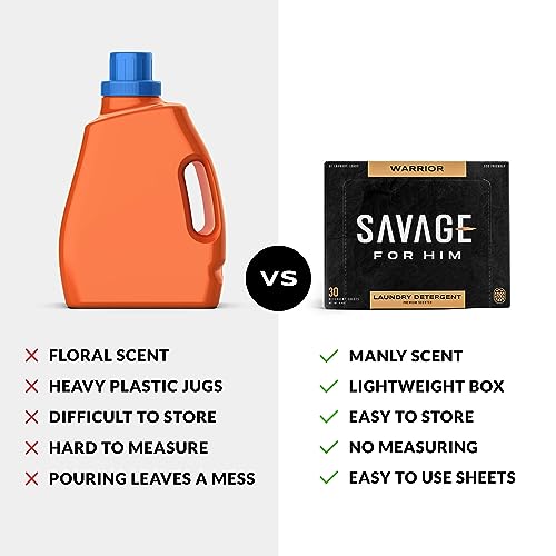 Savage for Him Laundry Detergent Sheets - No Plastic Jug, Compact & Travel-Friendly, Warrior Scent - 30 Sheets (60 Loads)