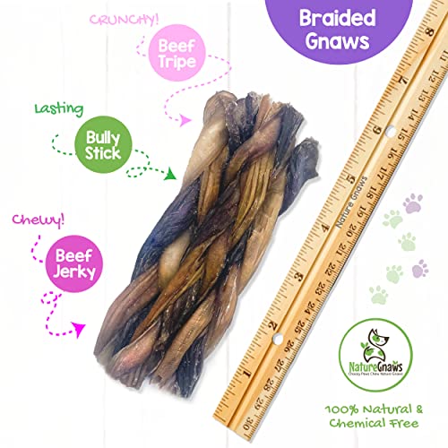 Nature Gnaws Braided Gnaws for Dogs - Premium Natural Beef Dog Chew Treats - Combo of Bully Sticks, Gullet Jerky and Tripe Twists - Rawhide Free