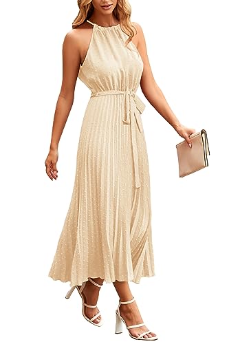 PRETTYGARDEN Women's Midi Summer Dresses Casual Halter Neck Swiss Dot Ruffle Sleeveless A Line Beach Sun Dress (Z_Apricot,Small)