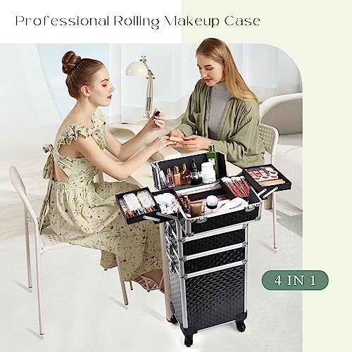 Yueieoun Professional Rolling Makeup Case with Wheels 4-in-1 Makeup Trolley, Cosmetic Train Case Makeup Cart Travel Trolley with Key for MUA, Hairstylists, Nail Tech, Black