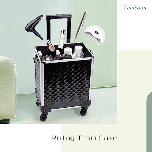 Yueieoun Professional Rolling Makeup Case with Wheels 4-in-1 Makeup Trolley, Cosmetic Train Case Makeup Cart Travel Trolley with Key for MUA, Hairstylists, Nail Tech, Black