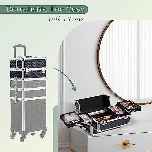 Yueieoun Professional Rolling Makeup Case with Wheels 4-in-1 Makeup Trolley, Cosmetic Train Case Makeup Cart Travel Trolley with Key for MUA, Hairstylists, Nail Tech, Black