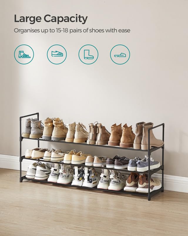 SONGMICS Shoe Rack, 3 Tier Shoe Organizer, Metal Shoe Storage Shelf for 18 Pairs of Shoes, Easy to Assemble, Entryway, Black ULSA033B01