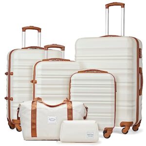 long vacation luggage set 4 piece luggage set abs hardshell tsa lock spinner wheels luggage carry on suitcase (white-brown, 6 piece set)