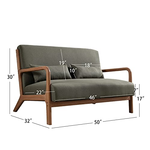 INZOY 50" Love seat Sofa 2-Seater Mid Century Modern Accent Chair, Uplostered 2 Person Couch Loveseat for Small Place Bedroom Office, Wood Frame and Attached 2 Waist Cushions, Green