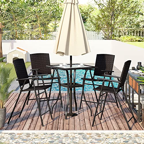 GLANZEND 5-Piece Outdoor Patio Conversation Dining Set with Umbrella Hole Including 4 PE Wicker Arm Chairs and Squre Glass-Table for Garden, Poolside, Backyard, Lawn, Brown