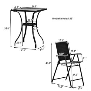 GLANZEND 5-Piece Outdoor Patio Conversation Dining Set with Umbrella Hole Including 4 PE Wicker Arm Chairs and Squre Glass-Table for Garden, Poolside, Backyard, Lawn, Brown