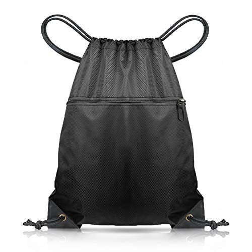 CHEPULA Drawstring Gym Bag, Large Sports Backpack String Swim Drawstring PE Bags for Women Men, Waterproof Travel Beach Bag (Black)