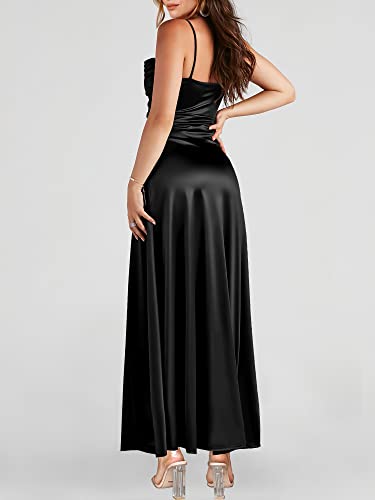 ANRABESS Women Formal Satin Elegant Spaghetti Strap Cowl Neck Bodycon Slit Sexy Prom Cocktail Wedding Guest Maxi Dress Evening Party Graduation Prom Dresses 923heise-S Black