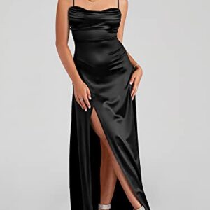 ANRABESS Women Formal Satin Elegant Spaghetti Strap Cowl Neck Bodycon Slit Sexy Prom Cocktail Wedding Guest Maxi Dress Evening Party Graduation Prom Dresses 923heise-S Black