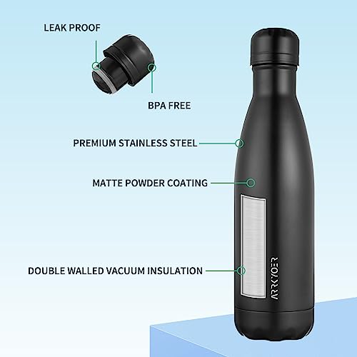 Stainless Steel Insulated Water Bottle, 17oz Metal Thermos Water Bottles, Leak Proof BPA-Free Dishwasher Safe Reusable Flask for Sports Travel, Midnight Black