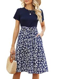 berydress knee length dress for women summer casual short sleeve modest a-line belt party work dress with pockets (s, 6188-navy floral)