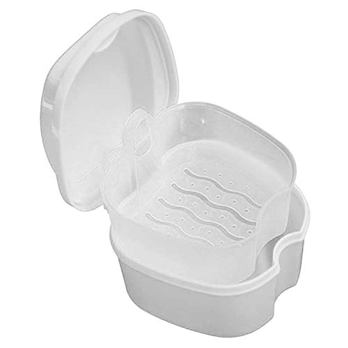 Denture Bath with strainer cleaner Case Cup Box Holder Storage Soak Container for Dentures, Clear Braces, Mouth Guard, Night Guard & Retainers,Traveling (White)