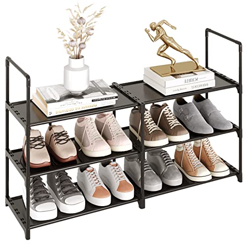 Yegazte Long 3-Tier Shoe Rack, Wide Shoe Storage Organizer Stackable Space Saving Shoe Shelf for 12-15 Pairs, Shoe Stand for Closet, Entryway and Hallway(Black)