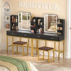 armocity Vanity Desk with Mirror and Light, Makeup Vanity with Cushioned Stool, Vanity Table Set with 3 Color Lighting Options, Modern Dressing Table with 2 Storage Drawers for Bedroom, Black