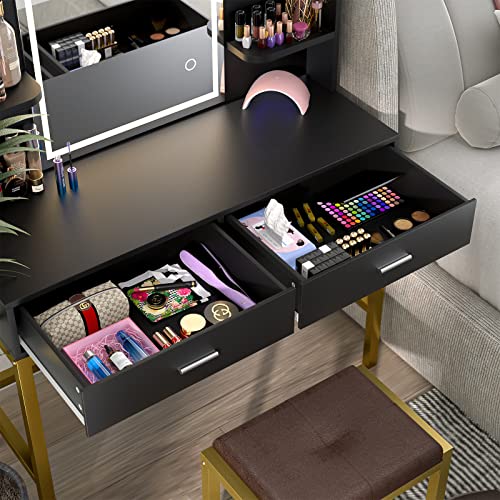 armocity Vanity Desk with Mirror and Light, Makeup Vanity with Cushioned Stool, Vanity Table Set with 3 Color Lighting Options, Modern Dressing Table with 2 Storage Drawers for Bedroom, Black