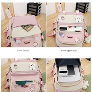 DAHUOJI Kawaii Backpack Set 5pcs Aesthetic Backpack for School Teens Girls Daypack Large with Pendants and Pins, Pen Case, Tote Bag, Small Bag(Pink)