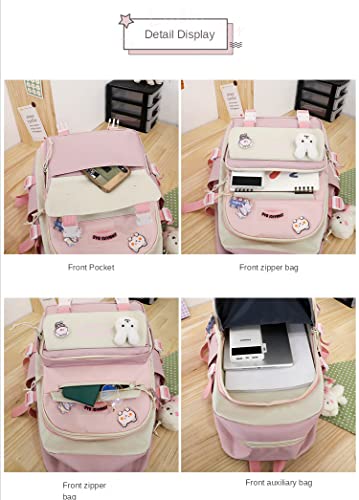 DAHUOJI Kawaii Backpack Set 5pcs Aesthetic Backpack for School Teens Girls Daypack Large with Pendants and Pins, Pen Case, Tote Bag, Small Bag(Pink)