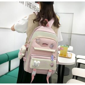 DAHUOJI Kawaii Backpack Set 5pcs Aesthetic Backpack for School Teens Girls Daypack Large with Pendants and Pins, Pen Case, Tote Bag, Small Bag(Pink)