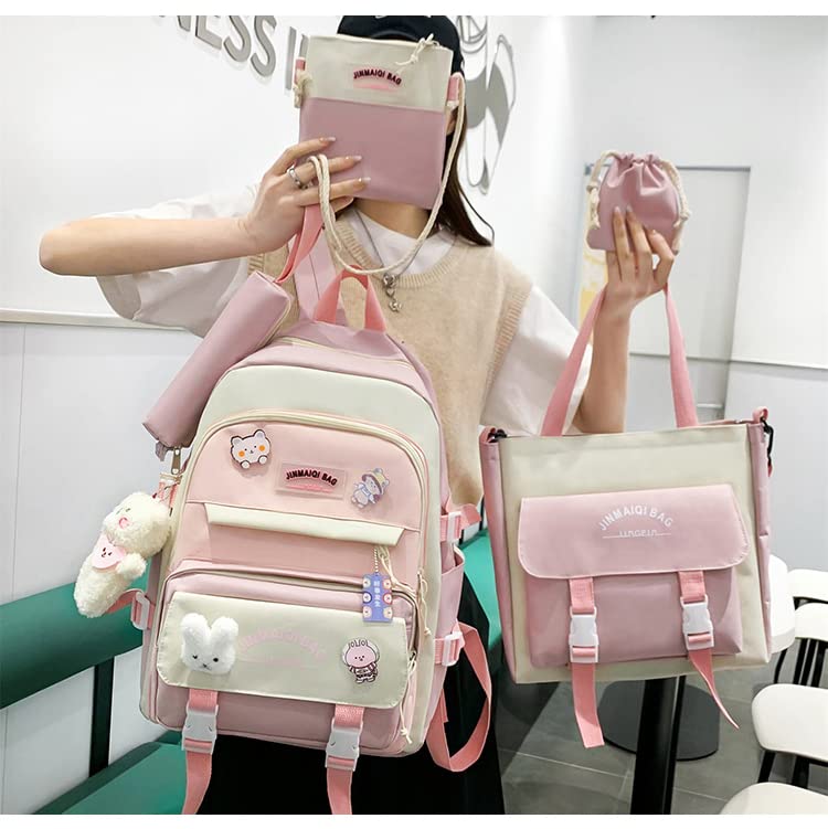 DAHUOJI Kawaii Backpack Set 5pcs Aesthetic Backpack for School Teens Girls Daypack Large with Pendants and Pins, Pen Case, Tote Bag, Small Bag(Pink)