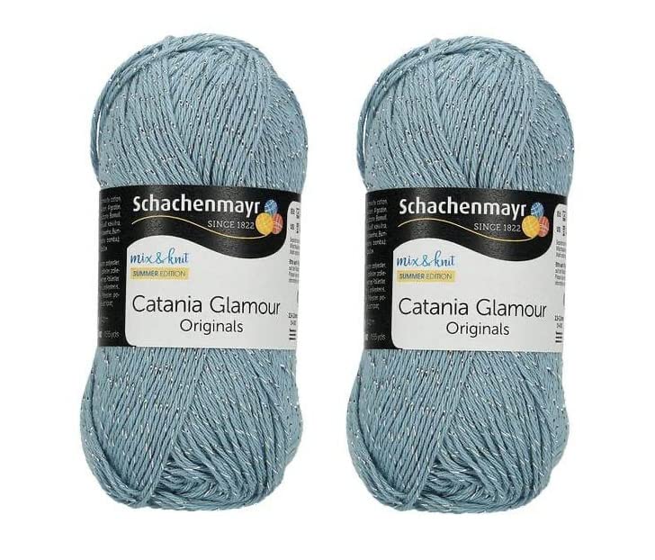 2 Skein Schachenmayr Catania Glamour Originals Yarn, Sparkle Cotton Metallic Soft Yarn, Easy Crochet SMC Catania Yarn, 2-Fine Shiny Knit Yarn, Glitter Cotton Yarn Pack (152-Blue)