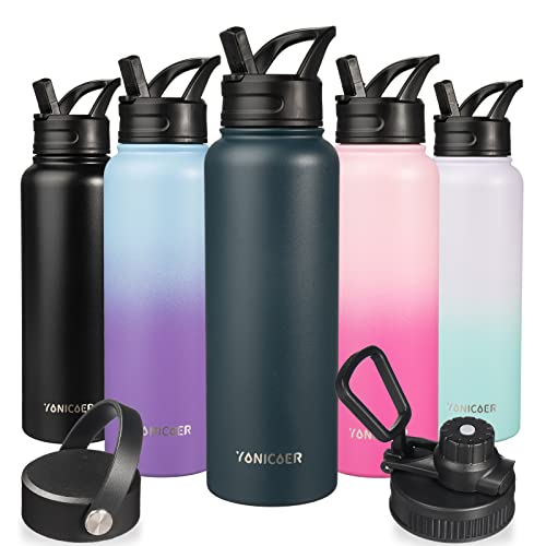 Insulated Water Bottle with Straw, YONICOER 40Oz Stainless Steel Thermo Flask, Double Walled Vacuum Tumbler with 3 Leak-Proof Lids, Metal Water Bottle for School, Sports, Gym, Travel