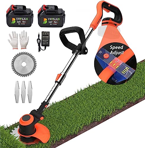 Electric Cordless Weed Wacker Grass Trimmer Battery Powered 24V 4.0Ah, 3-in-1Lightweight Weed Eater/Lawn Edger, 3 Kinds of Speed/Cutting Angle/Height Adjustment String Trimmer for Garden and Yard