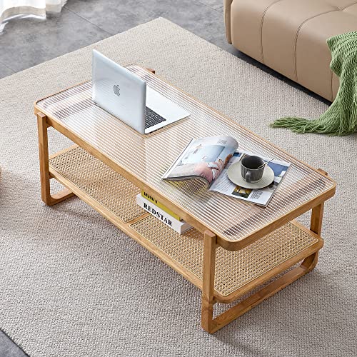 Pvillez Chinese Style Coffee Table, 45.28" Log Style Faux Rattan Rectangular Double-layer Solid Wood Coffee Table with Craft Glass, Mid Century Modern Coffee Table Center Table for Living Room Natural