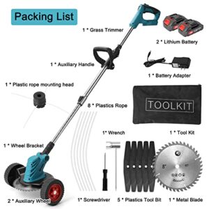 Geevorks String Trimmer/Edger, 21V Electric Weed Wacker Foldable/Telescopic Cordless Weed Eater with Wheels, Lawn Edger with 2PCS 2000mAh Rechargeable Battery/Fast Charger/ 3 Kinds of Blade-s