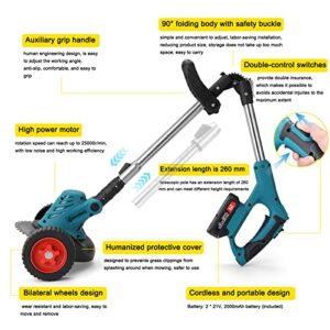 Geevorks String Trimmer/Edger, 21V Electric Weed Wacker Foldable/Telescopic Cordless Weed Eater with Wheels, Lawn Edger with 2PCS 2000mAh Rechargeable Battery/Fast Charger/ 3 Kinds of Blade-s