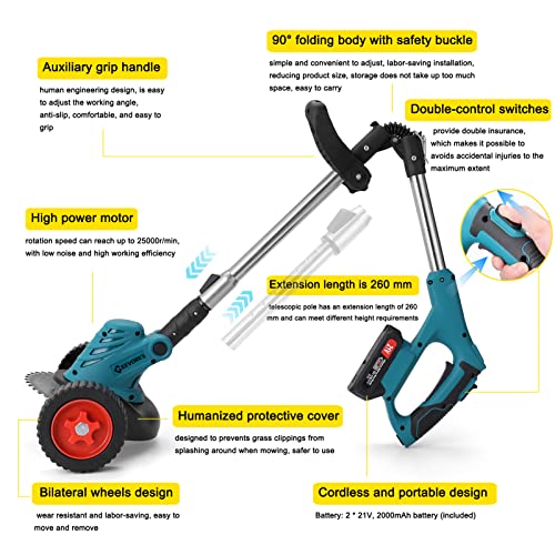 Geevorks String Trimmer/Edger, 21V Electric Weed Wacker Foldable/Telescopic Cordless Weed Eater with Wheels, Lawn Edger with 2PCS 2000mAh Rechargeable Battery/Fast Charger/ 3 Kinds of Blade-s