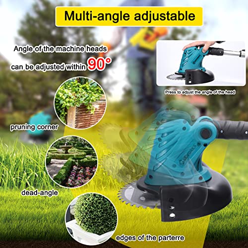 Geevorks String Trimmer/Edger, 21V Electric Weed Wacker Foldable/Telescopic Cordless Weed Eater with Wheels, Lawn Edger with 2PCS 2000mAh Rechargeable Battery/Fast Charger/ 3 Kinds of Blade-s