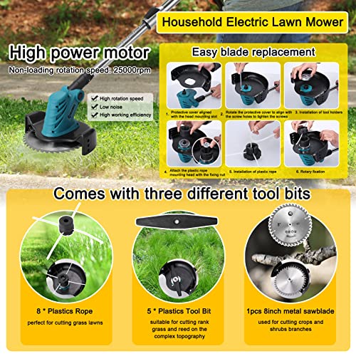 Geevorks String Trimmer/Edger, 21V Electric Weed Wacker Foldable/Telescopic Cordless Weed Eater with Wheels, Lawn Edger with 2PCS 2000mAh Rechargeable Battery/Fast Charger/ 3 Kinds of Blade-s