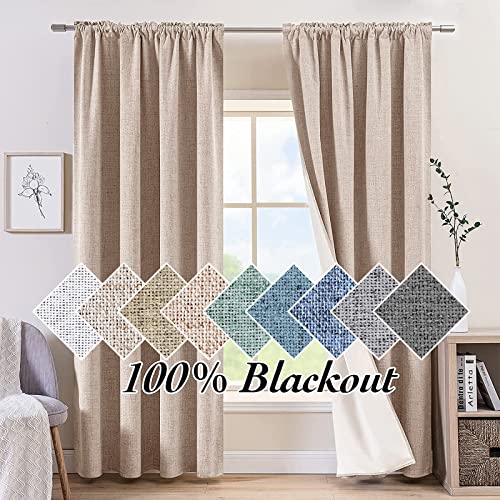 MIULEE 100% Blackout Curtains 72 Inches Long 2 Panels Set for Bedroom Living Room Privacy Linen Black Out Thermal Insulated Rod Pocket Room Darkening Burlap Window Drapes, W52 x L72, Beige