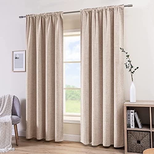 MIULEE 100% Blackout Curtains 72 Inches Long 2 Panels Set for Bedroom Living Room Privacy Linen Black Out Thermal Insulated Rod Pocket Room Darkening Burlap Window Drapes, W52 x L72, Beige