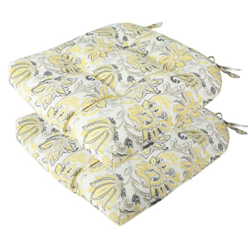 FUNHOME All Weather Patio Furniture Tufted Seat Cushion with Tie,19" x 19",Pack of 2,Waterproof Patio Chair Pads for Garden Patio Outdoor Decor-Yellow Flower