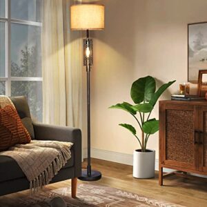 SURAIELEC Farmhouse Floor Lamp with LED Nightlight Bulb, Rustic Tall Lamps for Living Room, Traditional Standing Lamps for Bedroom, Beige Linen Drum Shade, Oil Rubbed Bronze Finish, Foot Switch