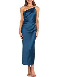 anrabess women summer satin one shoulder bodycon maxi dress sleeveless split evening night party cocktail formal dresses elegant wedding guest graduation prom dresses 902shenlan-m deep blue