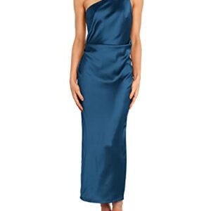 ANRABESS Women Summer Satin One Shoulder Bodycon Maxi Dress Sleeveless Split Evening Night Party Cocktail Formal Dresses Elegant Wedding Guest Graduation Prom Dresses 902shenlan-M Deep Blue