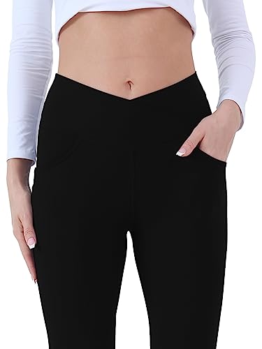 Cicendy Flare Yoga Pants with Pockets for Women,High Waisted V Crossover Bootcut Yoga Leggings Stretchy Casual Workout Pants Black