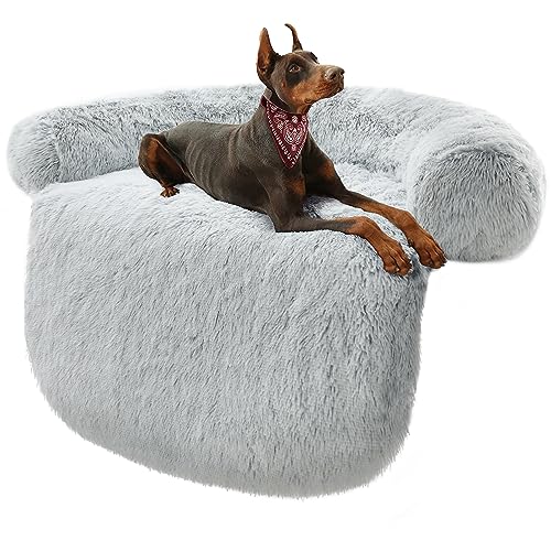 Auvce Fluffy Calming Large Dog Bed Deluxe Anti-Anxiety Plush Dog Mat Dog Couch Cover for Furniture Protector with Removable Pillow & Washable Cover, 39''x33''x7.5'', Grey