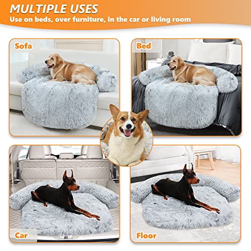 Auvce Fluffy Calming Large Dog Bed Deluxe Anti-Anxiety Plush Dog Mat Dog Couch Cover for Furniture Protector with Removable Pillow & Washable Cover, 39''x33''x7.5'', Grey