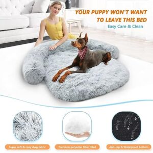 Auvce Fluffy Calming Large Dog Bed Deluxe Anti-Anxiety Plush Dog Mat Dog Couch Cover for Furniture Protector with Removable Pillow & Washable Cover, 39''x33''x7.5'', Grey